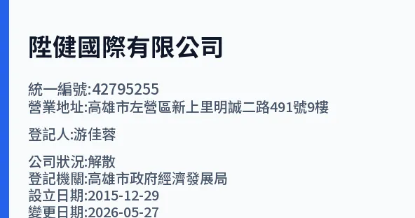 陞健國際有限公司的照片-統編 42795255(高雄市) 公司登記資料與營業項目詳細圖表