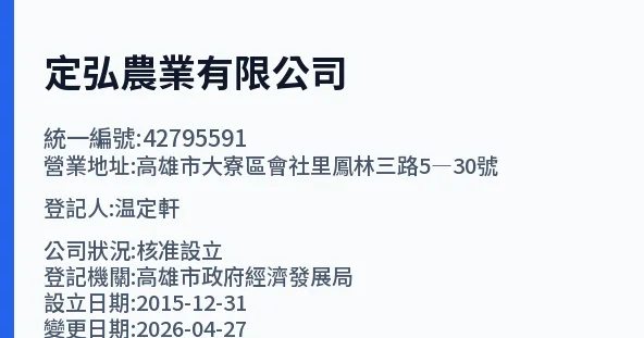 定弘農業有限公司的照片-統編 42795591(高雄市) 公司登記資料與營業項目詳細圖表