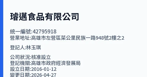 璿邁食品有限公司的照片-統編 42795918(高雄市) 公司登記資料與營業項目詳細圖表