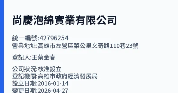 尚慶泡綿實業有限公司的照片-統編 42796254(高雄市) 公司登記資料與營業項目詳細圖表