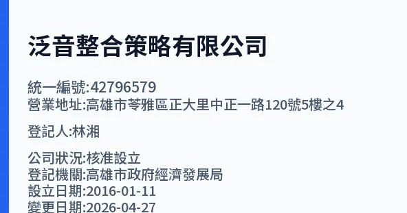 泛音整合策略有限公司的照片-統編 42796579(高雄市) 公司登記資料與營業項目詳細圖表