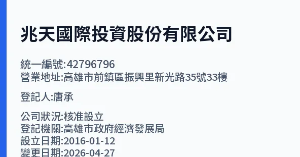 兆天國際投資股份有限公司的照片-統編 42796796(高雄市) 公司登記資料與營業項目詳細圖表
