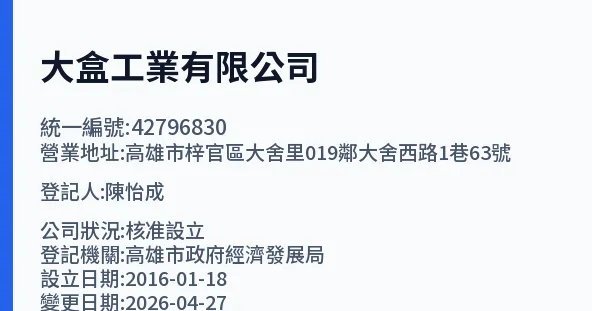 大盒工業有限公司的照片-統編 42796830(高雄市) 公司登記資料與營業項目詳細圖表
