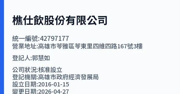 樵仕飲股份有限公司的照片-統編 42797177(高雄市) 公司登記資料與營業項目詳細圖表