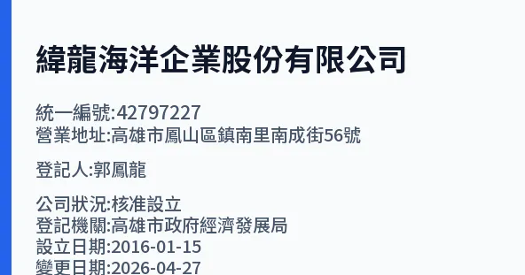緯龍海洋企業股份有限公司的照片-統編 42797227(高雄市) 公司登記資料與營業項目詳細圖表