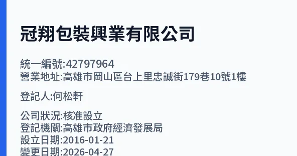 冠翔包裝興業有限公司的照片-統編 42797964(高雄市) 公司登記資料與營業項目詳細圖表