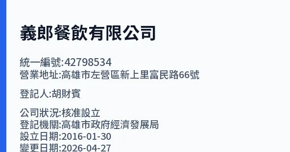 義郎餐飲有限公司的照片-統編 42798534(高雄市) 公司登記資料與營業項目詳細圖表