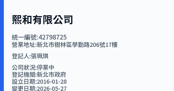 熙和有限公司的照片-統編 42798725(新北市) 公司登記資料與營業項目詳細圖表
