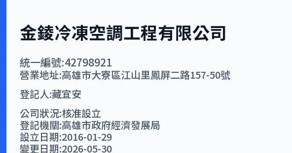 金錂冷凍空調工程有限公司的照片-統編 42798921(高雄市) 公司登記資料與營業項目詳細圖表