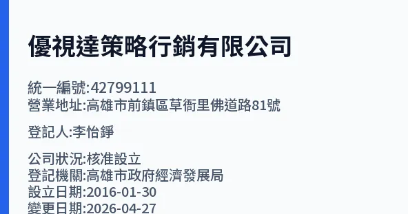 優視達策略行銷有限公司的照片-統編 42799111(高雄市) 公司登記資料與營業項目詳細圖表