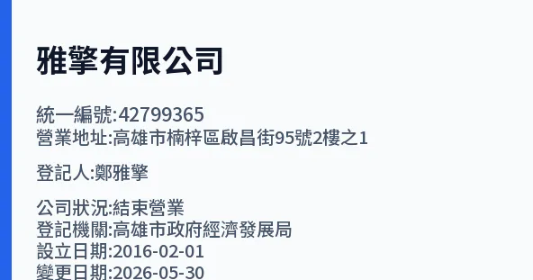 雅擎有限公司的照片-統編 42799365(高雄市) 公司登記資料與營業項目詳細圖表
