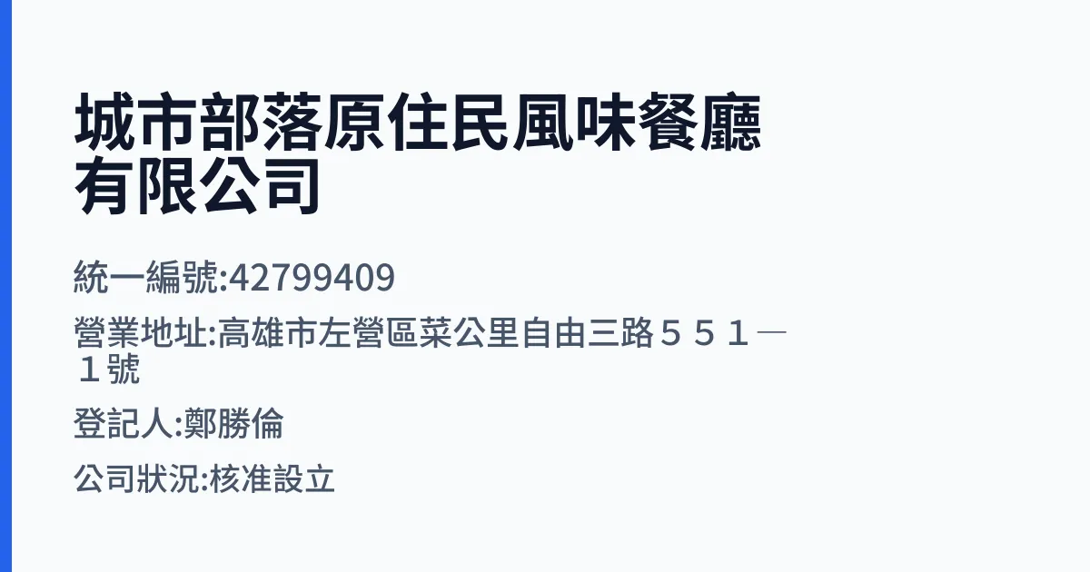 城市部落原住民風味餐廳有限公司 - 統編 42799409(高雄市) 公司登記資料與營業項目詳細圖表