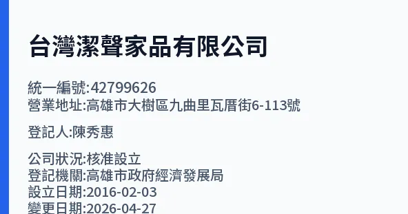 台灣潔聲家品有限公司的照片-統編 42799626(高雄市) 公司登記資料與營業項目詳細圖表