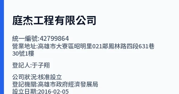庭杰工程有限公司的照片-統編 42799864(高雄市) 公司登記資料與營業項目詳細圖表