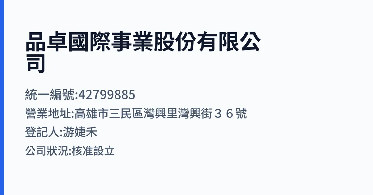 品卓國際事業股份有限公司 - 統編 42799885(高雄市) 公司登記資料與營業項目詳細圖表