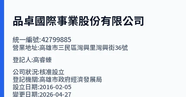 品卓國際事業股份有限公司的照片-統編 42799885(高雄市) 公司登記資料與營業項目詳細圖表