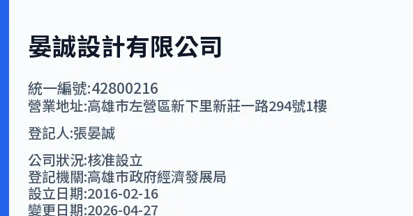 晏誠設計有限公司的照片-統編 42800216(高雄市) 公司登記資料與營業項目詳細圖表