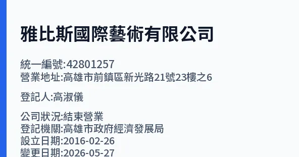 雅比斯國際藝術有限公司的照片-統編 42801257(高雄市) 公司登記資料與營業項目詳細圖表