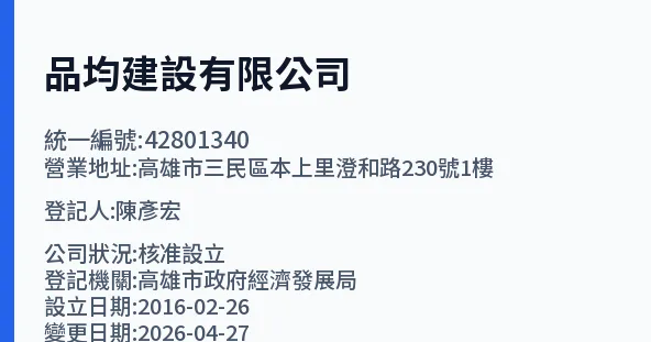 品均建設有限公司的照片-統編 42801340(高雄市) 公司登記資料與營業項目詳細圖表