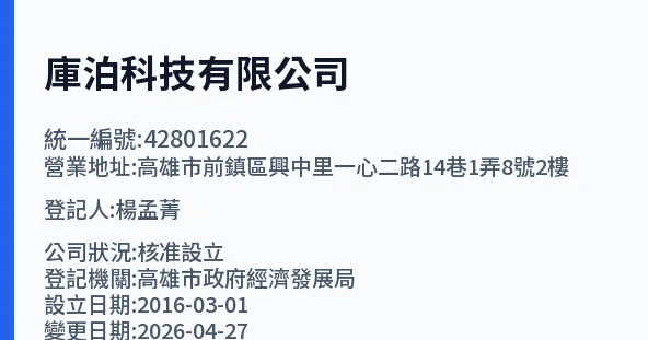 庫泊科技有限公司的照片-統編 42801622(高雄市) 公司登記資料與營業項目詳細圖表