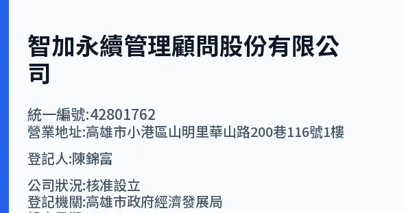 智加永續管理顧問股份有限公司的照片-統編 42801762(高雄市) 公司登記資料與營業項目詳細圖表
