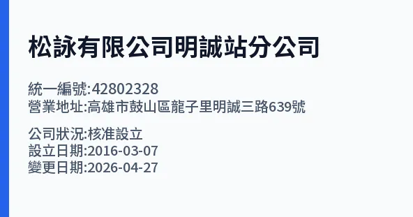 松詠有限公司明誠站分公司的照片-統編 42802328(高雄市) 公司登記資料與營業項目詳細圖表