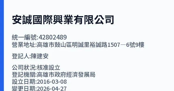 安誠國際興業有限公司的照片-統編 42802489(高雄市) 公司登記資料與營業項目詳細圖表