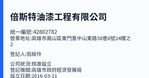 倍斯特油漆工程有限公司的照片-統編 42802782(高雄市) 公司登記資料與營業項目詳細圖表
