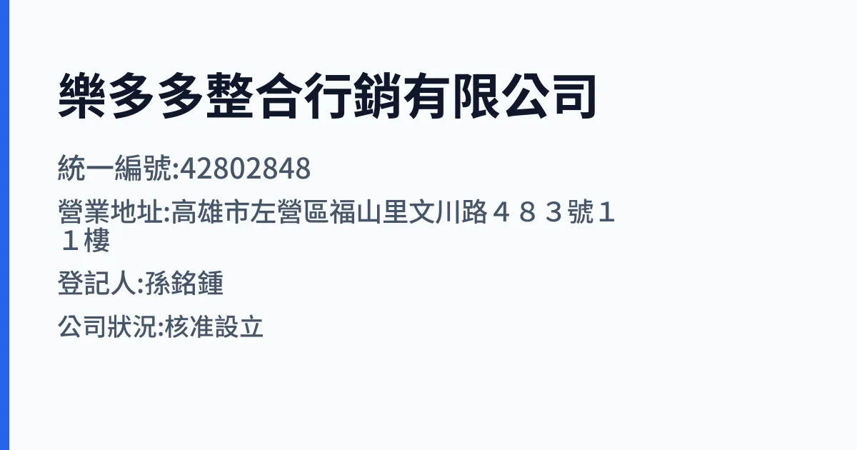 樂多多整合行銷有限公司 - 統編 42802848(高雄市) 公司登記資料與營業項目詳細圖表