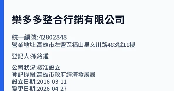 樂多多整合行銷有限公司的照片-統編 42802848(高雄市) 公司登記資料與營業項目詳細圖表