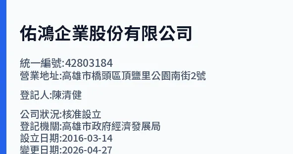 佑鴻企業股份有限公司的照片-統編 42803184(高雄市) 公司登記資料與營業項目詳細圖表