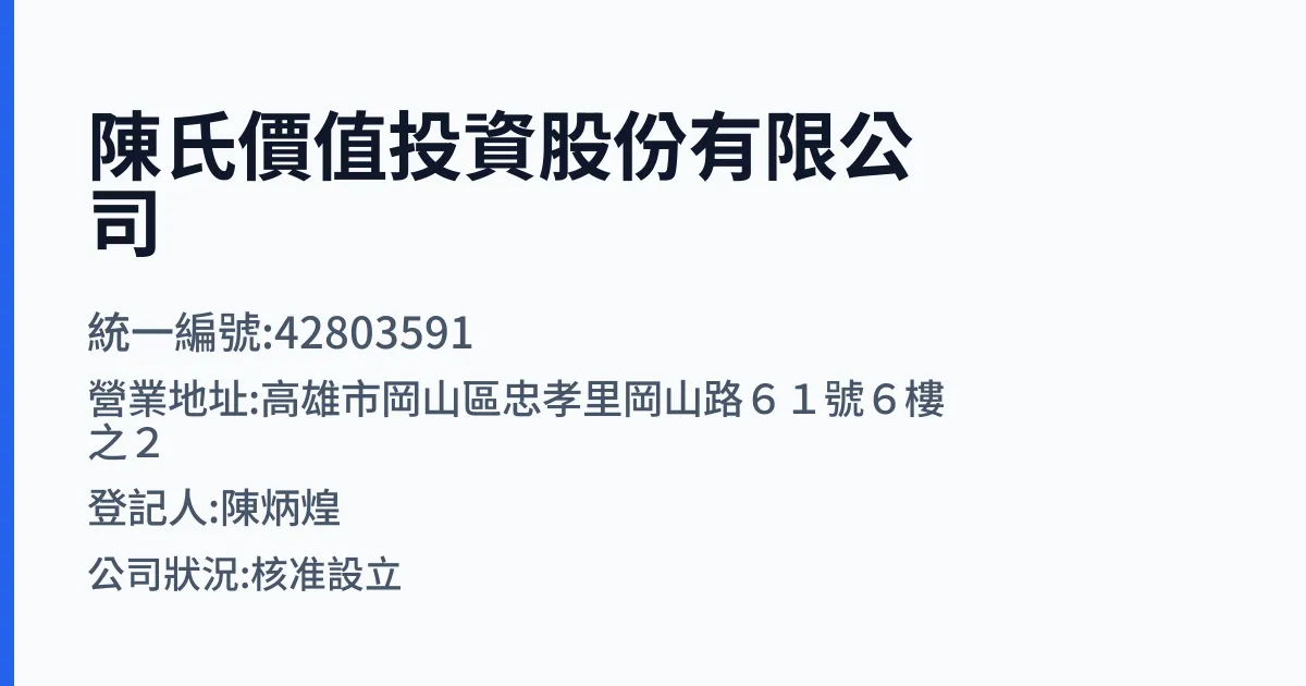 陳氏價值投資股份有限公司 - 統編 42803591(高雄市) 公司登記資料與營業項目詳細圖表