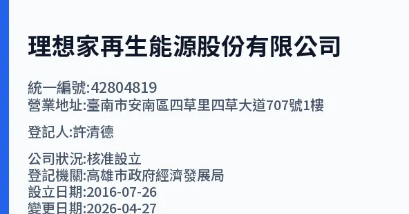理想家再生能源股份有限公司的照片-統編 42804819(臺南市) 公司登記資料與營業項目詳細圖表