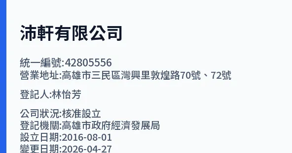 沛軒有限公司的照片-統編 42805556(高雄市) 公司登記資料與營業項目詳細圖表