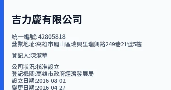 吉力慶有限公司的照片-統編 42805818(高雄市) 公司登記資料與營業項目詳細圖表