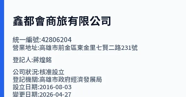 鑫都會商旅有限公司的照片-統編 42806204(高雄市) 公司登記資料與營業項目詳細圖表