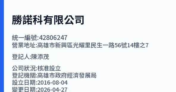 勝諾科有限公司的照片-統編 42806247(高雄市) 公司登記資料與營業項目詳細圖表