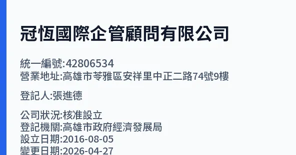 冠恆國際企管顧問有限公司的照片-統編 42806534(高雄市) 公司登記資料與營業項目詳細圖表
