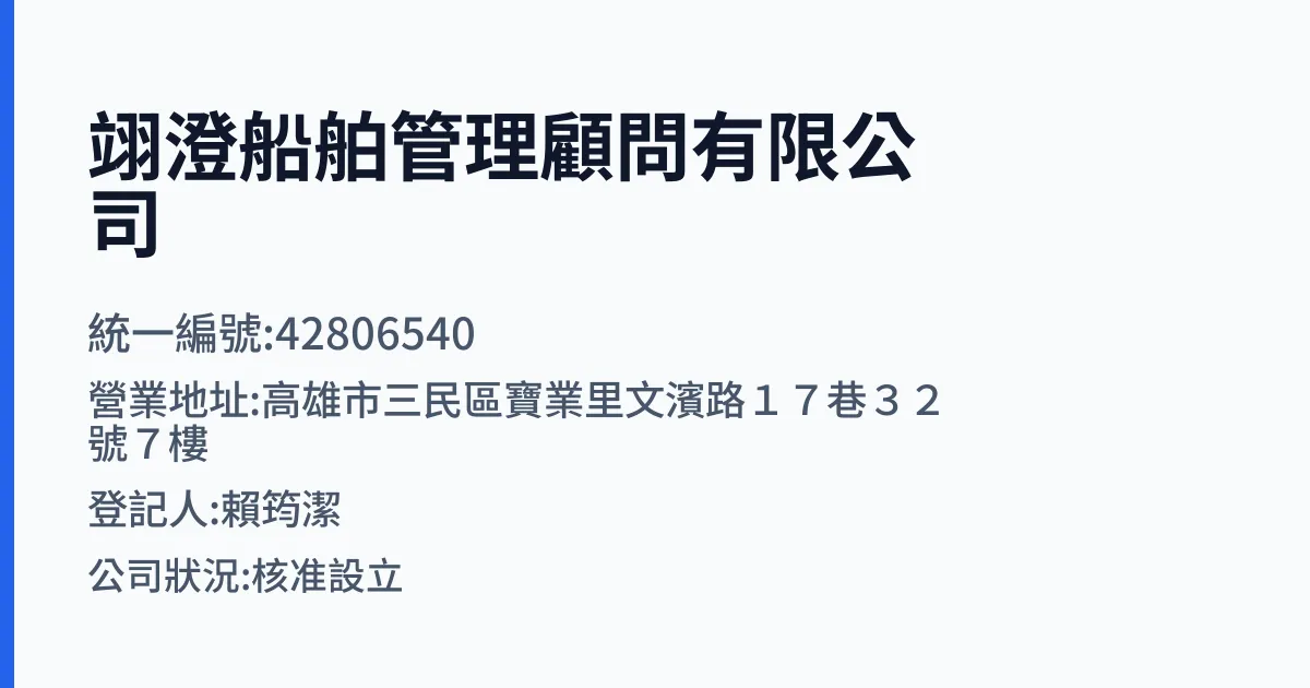 翊澄船舶管理顧問有限公司 - 統編 42806540(高雄市) 公司登記資料與營業項目詳細圖表