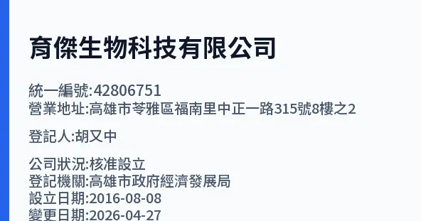 育傑生物科技有限公司的照片-統編 42806751(高雄市) 公司登記資料與營業項目詳細圖表