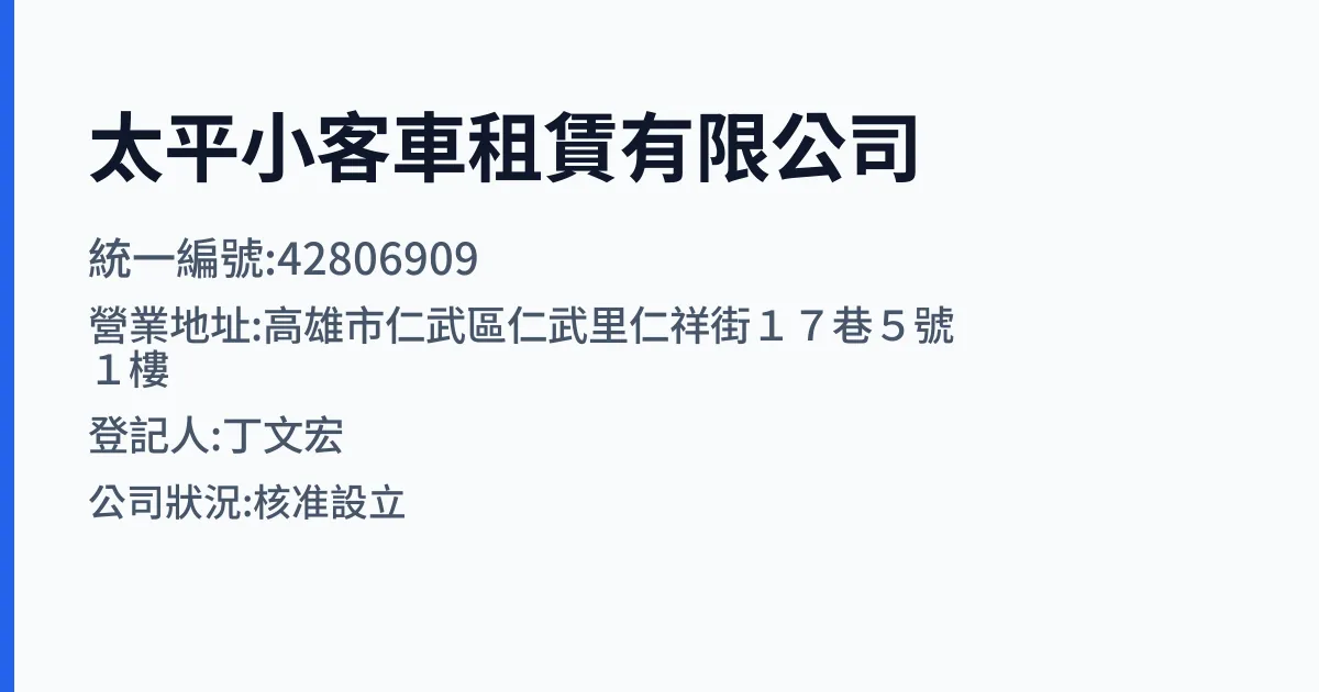 太平小客車租賃有限公司 - 統編 42806909(高雄市) 公司登記資料與營業項目詳細圖表
