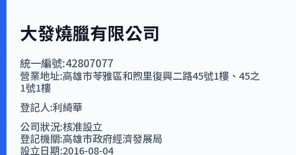 大發燒臘有限公司的照片-統編 42807077(高雄市) 公司登記資料與營業項目詳細圖表