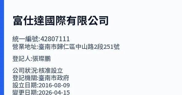 富仕達國際有限公司的照片-統編 42807111(臺南市) 公司登記資料與營業項目詳細圖表