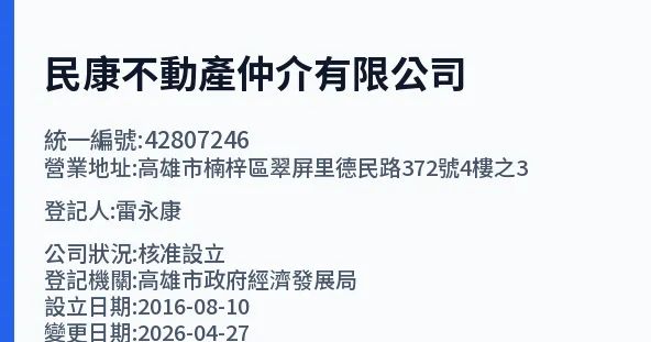 民康不動產仲介有限公司的照片-統編 42807246(高雄市) 公司登記資料與營業項目詳細圖表