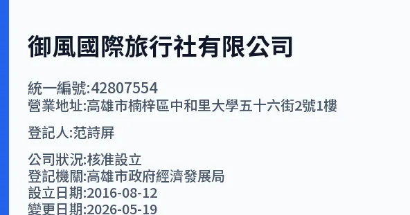 御風國際旅行社有限公司的照片-統編 42807554(高雄市) 公司登記資料與營業項目詳細圖表