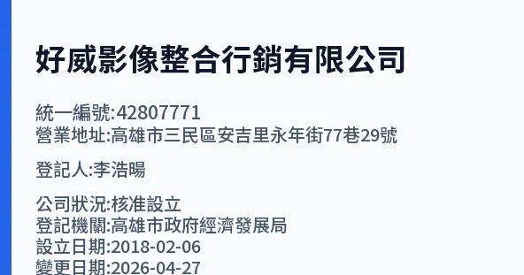 好威影像整合行銷有限公司的照片-統編 42807771(高雄市) 公司登記資料與營業項目詳細圖表