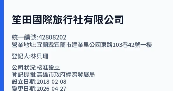 笙田國際旅行社有限公司的照片-統編 42808202(宜蘭縣) 公司登記資料與營業項目詳細圖表