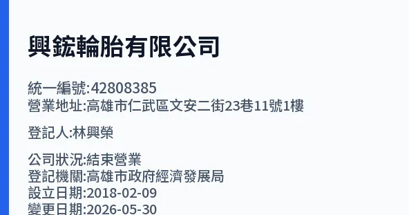 興鋐輪胎有限公司的照片-統編 42808385(高雄市) 公司登記資料與營業項目詳細圖表