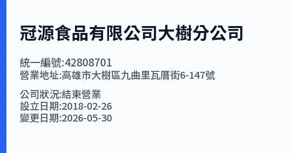冠源食品有限公司大樹分公司的照片-統編 42808701(高雄市) 公司登記資料與營業項目詳細圖表