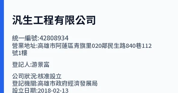 汎生工程有限公司的照片-統編 42808934(高雄市) 公司登記資料與營業項目詳細圖表
